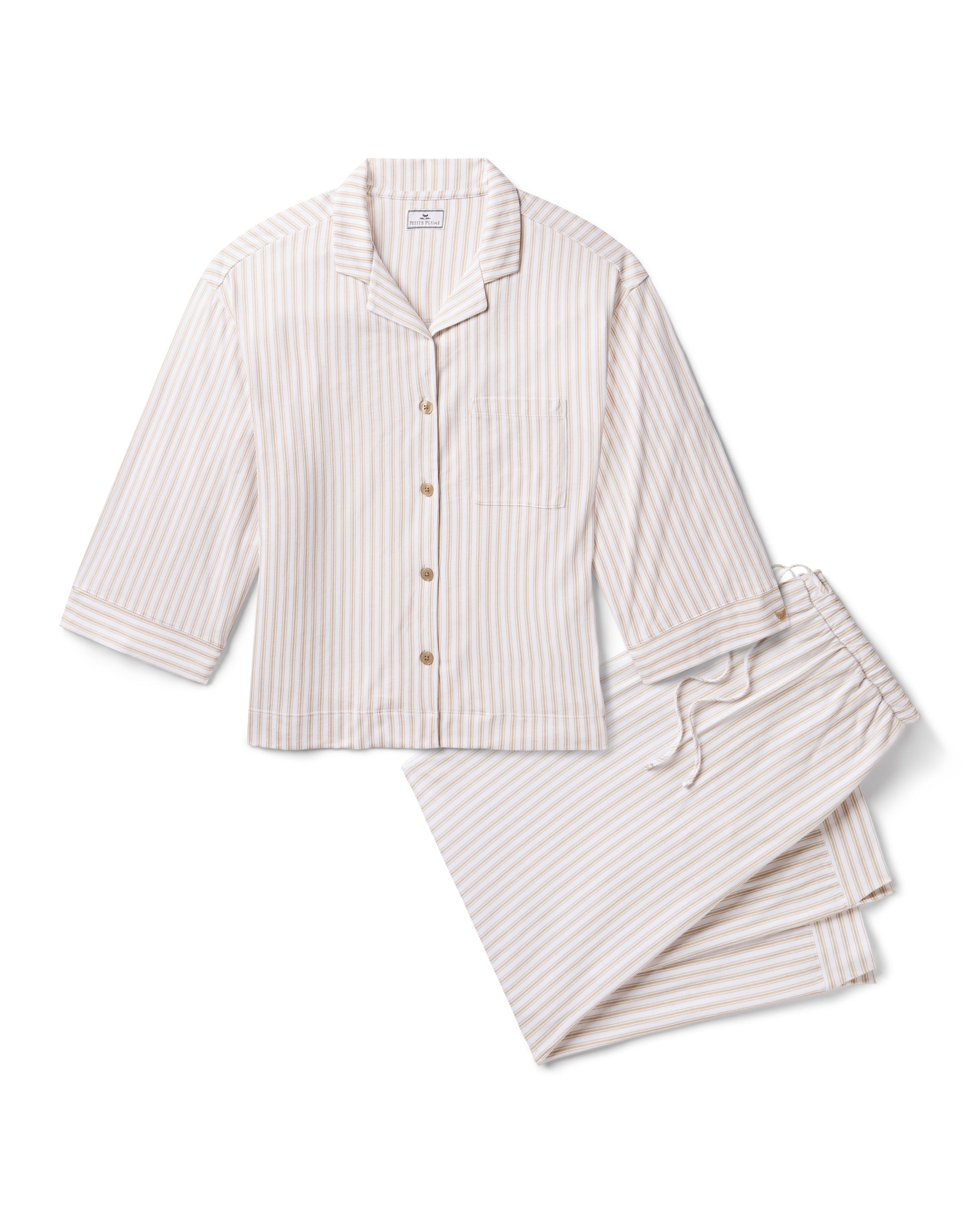 The Olivia Wide Leg Pima Pajama Set in Camel Ticking — Haven Haus Co