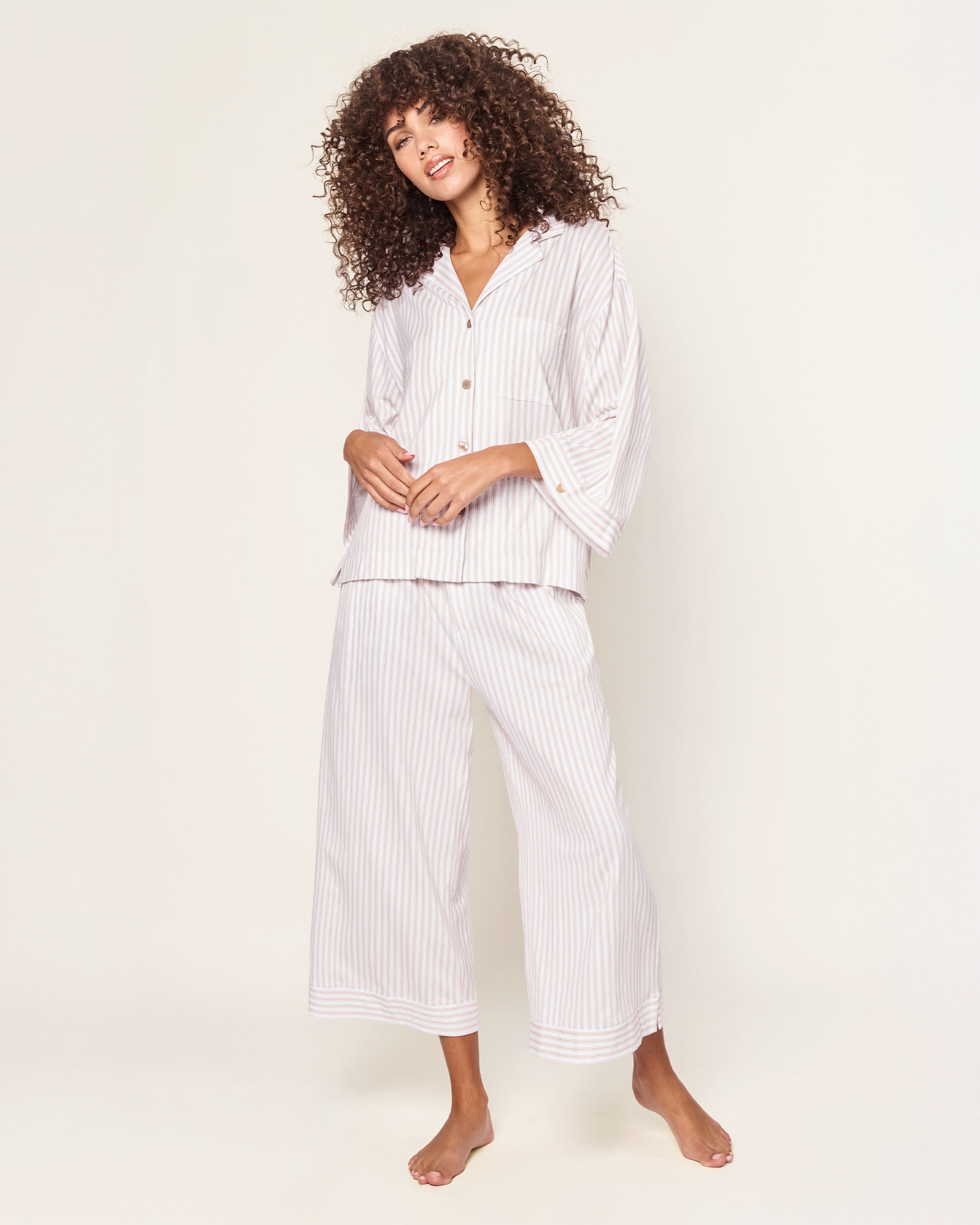 The Olivia Wide Leg Pima Pajama Set in Camel Ticking — Haven Haus Co
