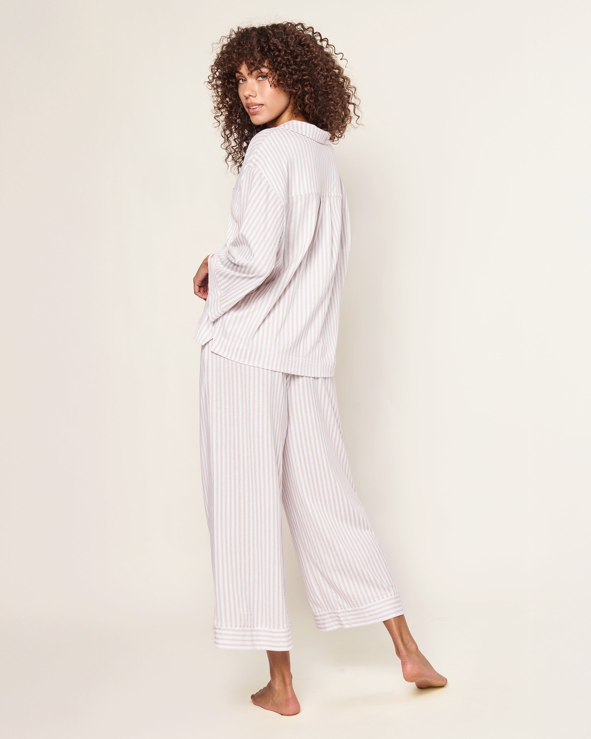 The Olivia Wide Leg Pima Pajama Set in Camel Ticking — Haven Haus Co